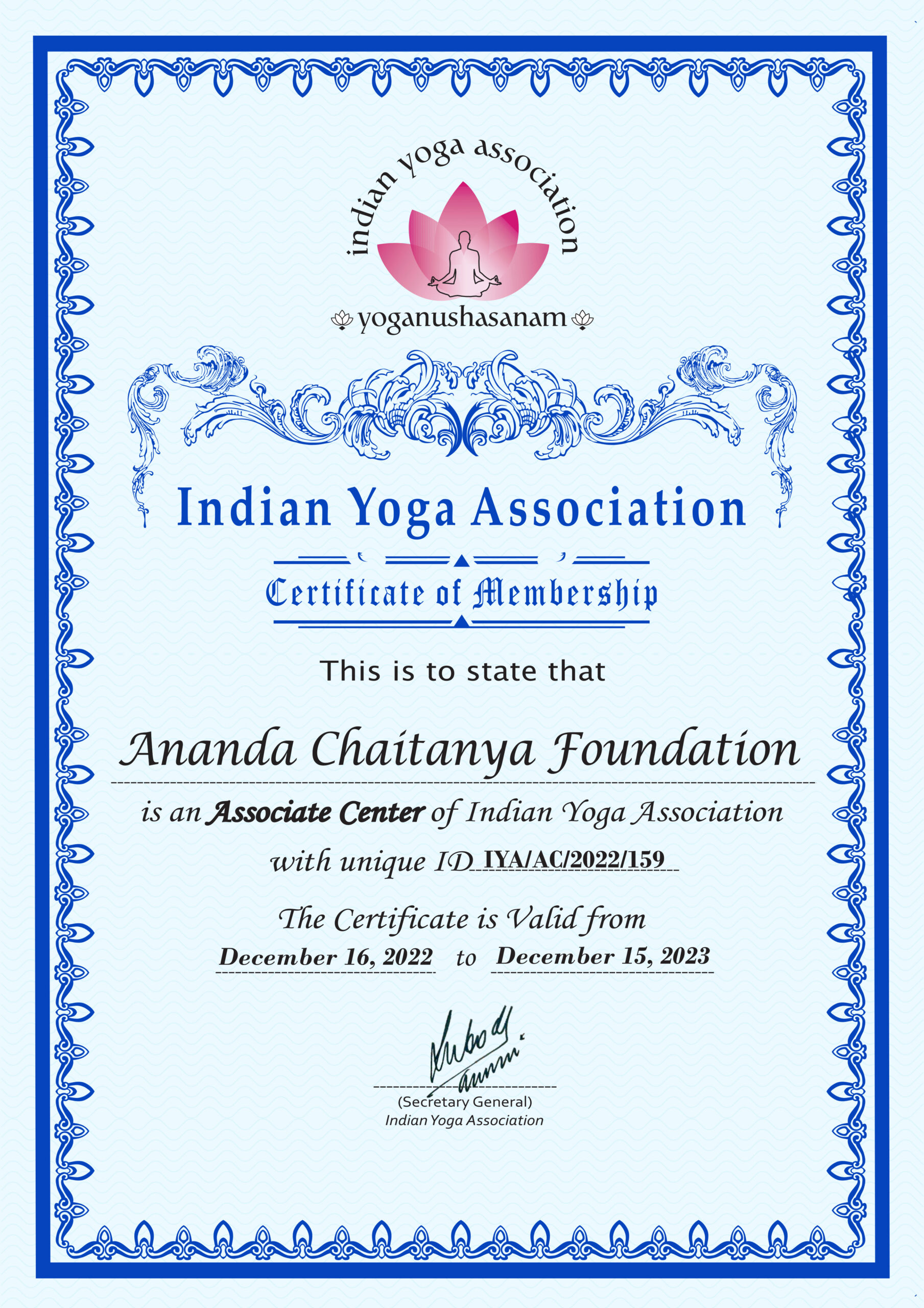 Ananda Chaitanya Foundation has become associate center of Indian yoga ...
